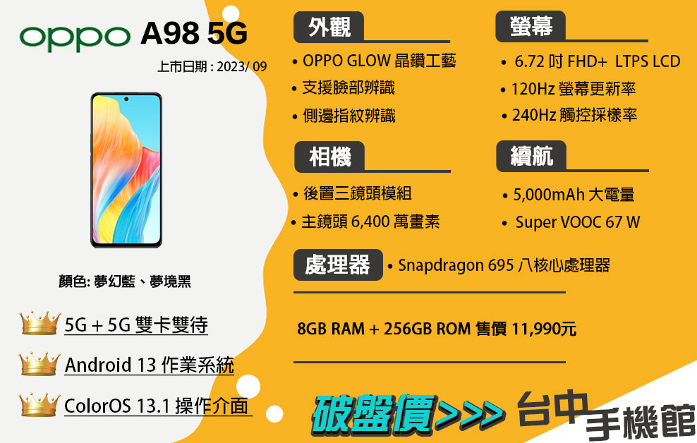 6,400 萬 AI主鏡頭 OPPO A98 5G 規格 價格 外觀 評價 手機推薦 – 台中手機館-最便宜｜ 台中推薦通訊行｜高價收購中古機
